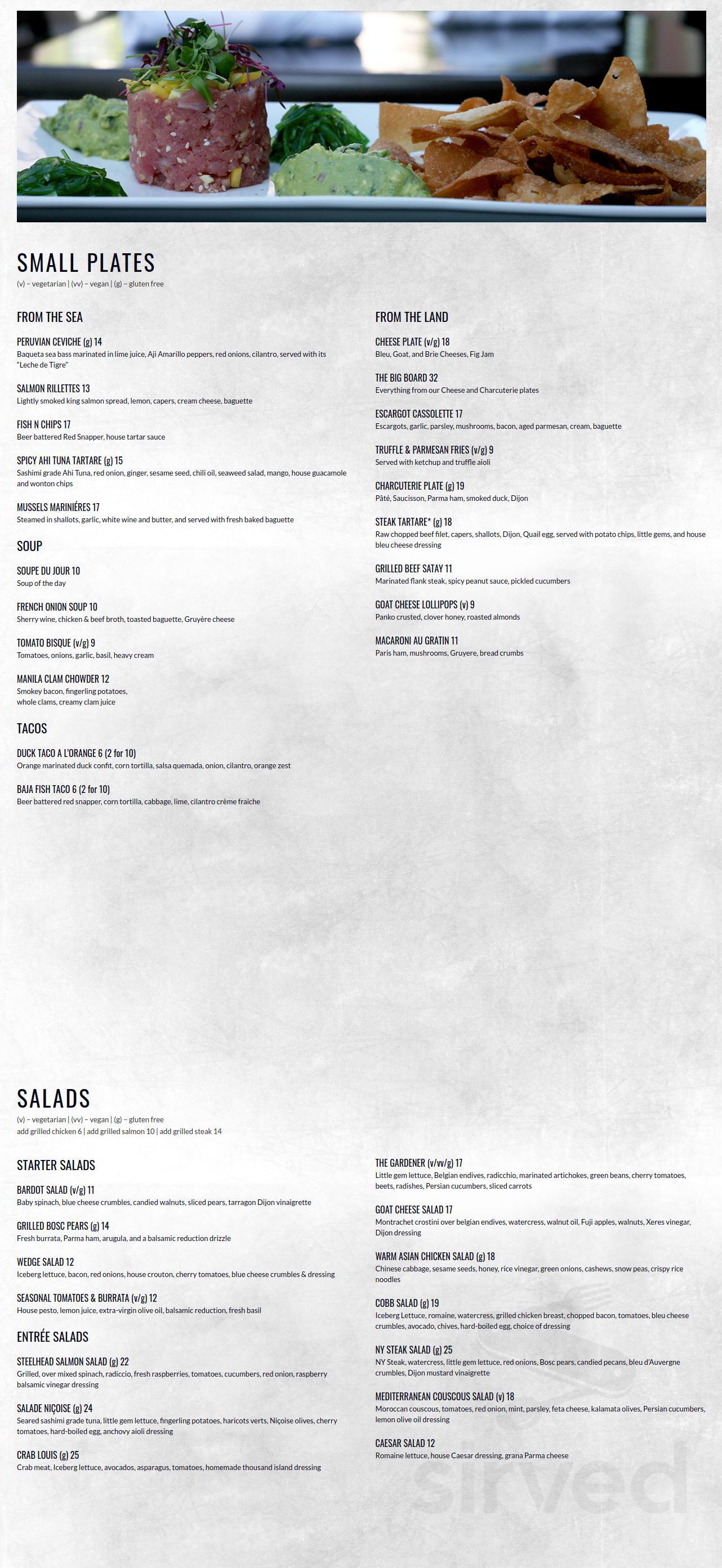 Bardot menu in Claremont, California, USA