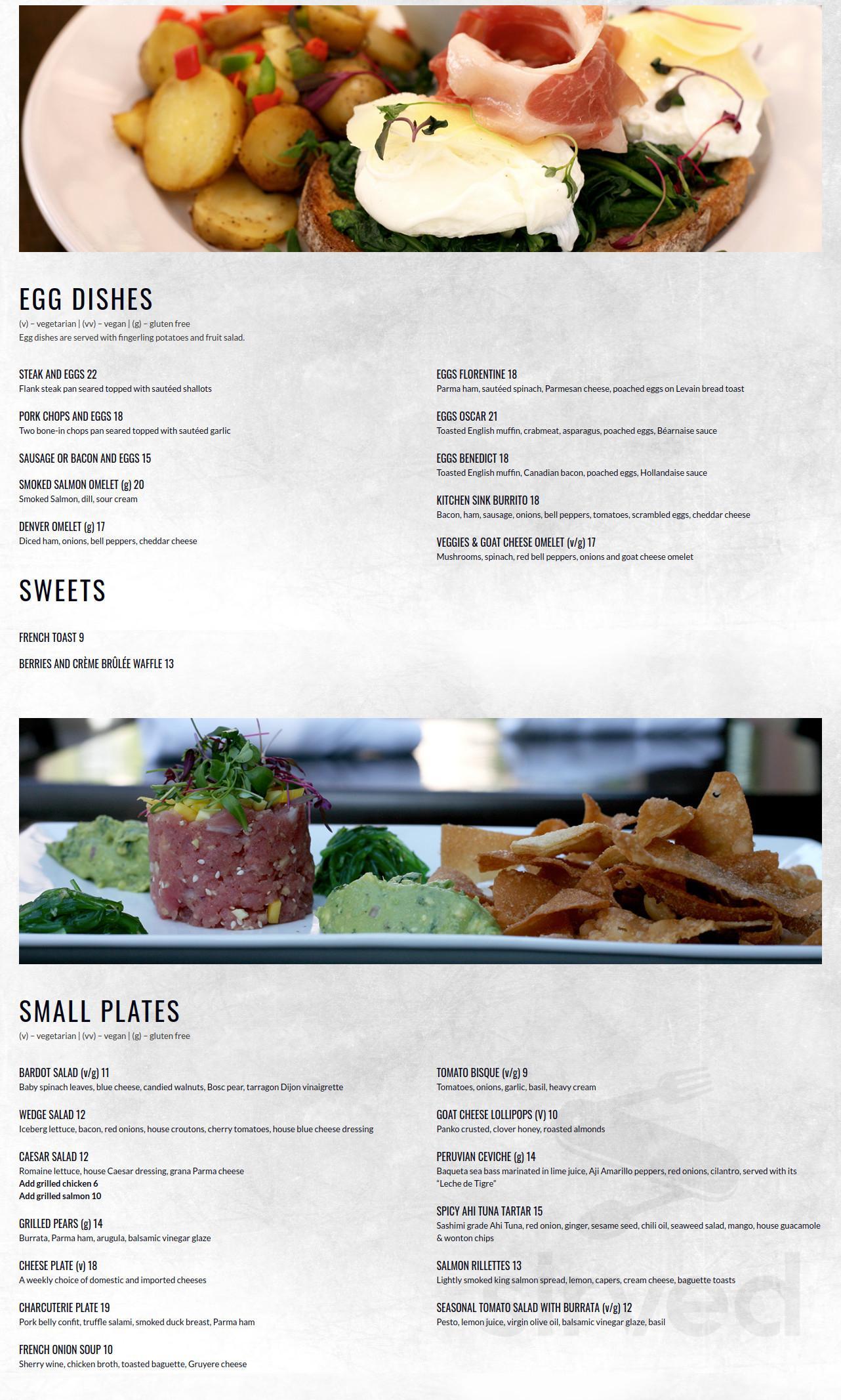 Bardot menu in Claremont, California, USA