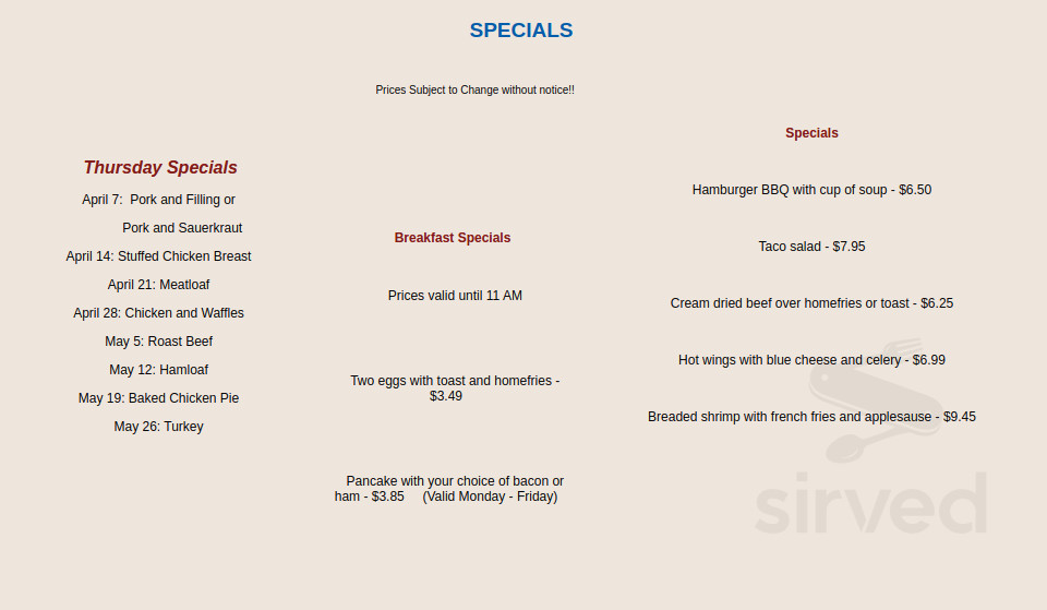 Central Manor Bakery & Grille menu in Lancaster, Pennsylvania, USA