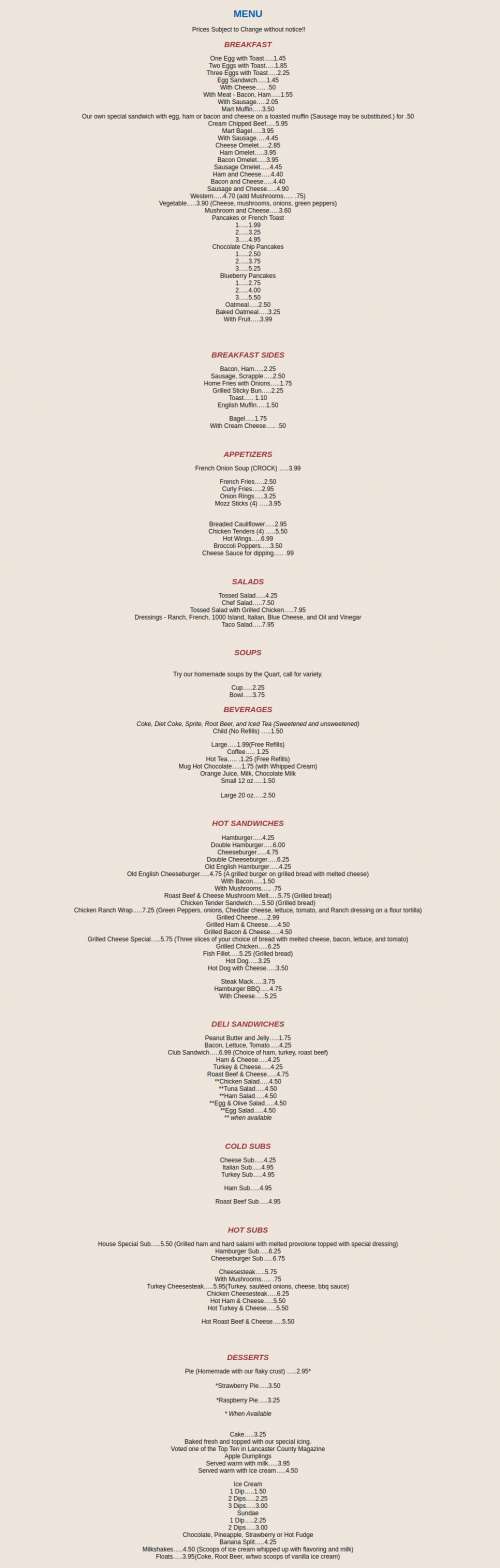 Central Manor Bakery & Grille menu in Lancaster, Pennsylvania, USA