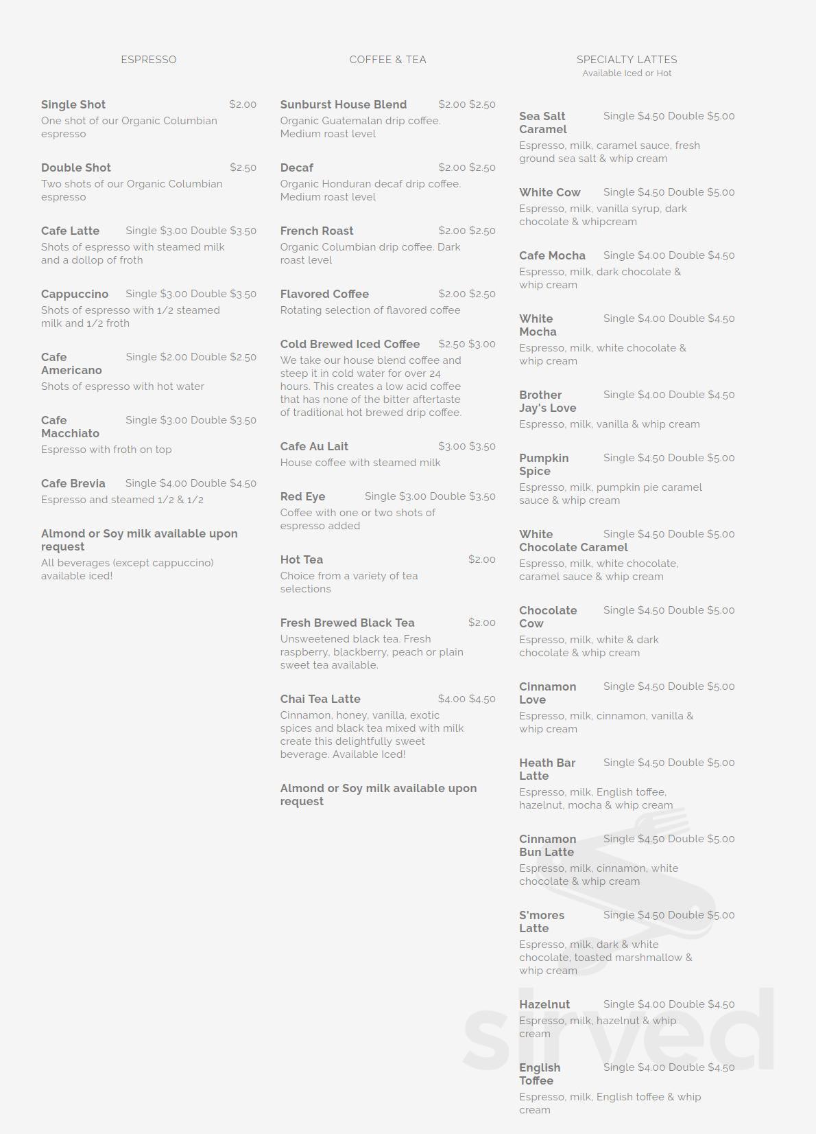 Sunburst Cafe menu in Naples, Florida, USA