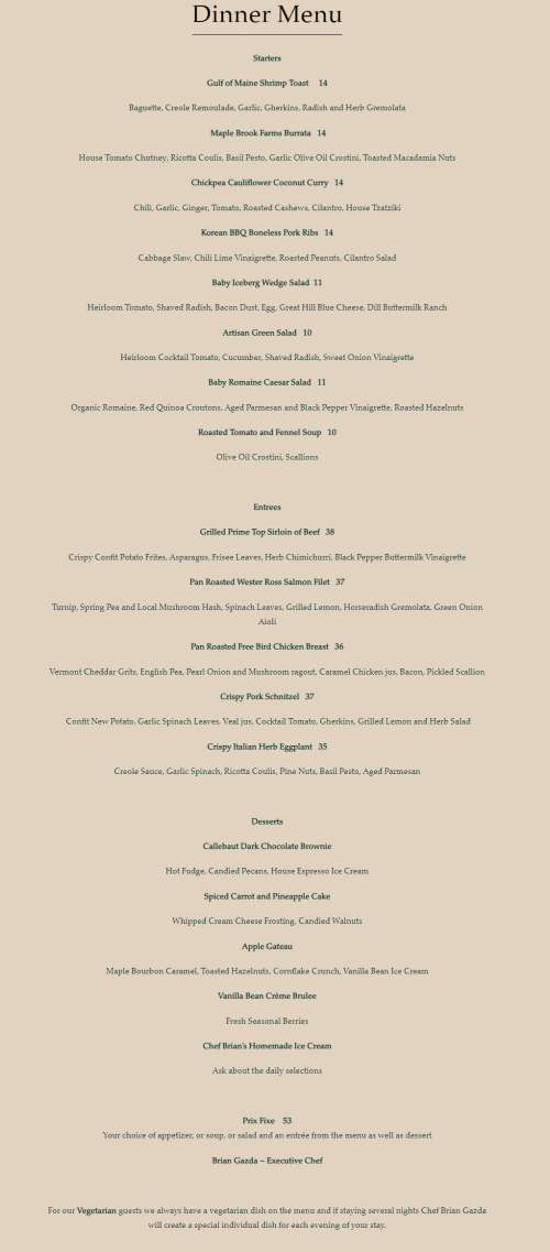 The Wentworth menu in Jackson, New Hampshire, USA