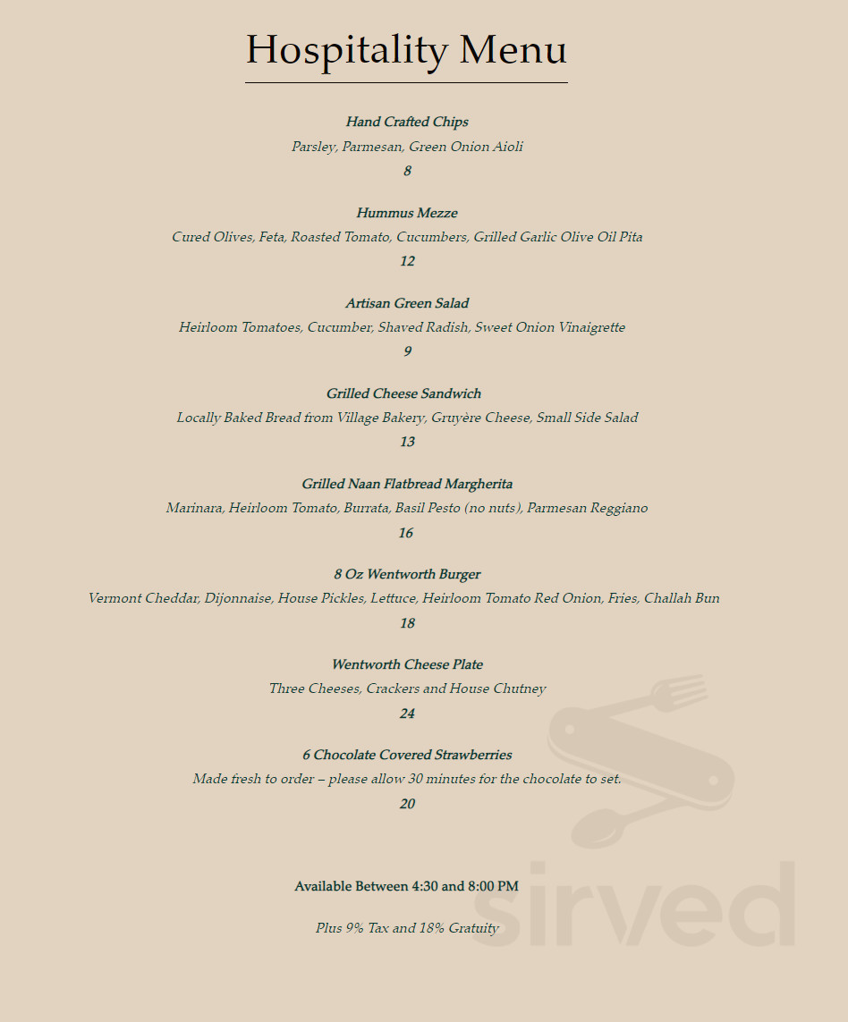 The Wentworth menu in Jackson, New Hampshire, USA