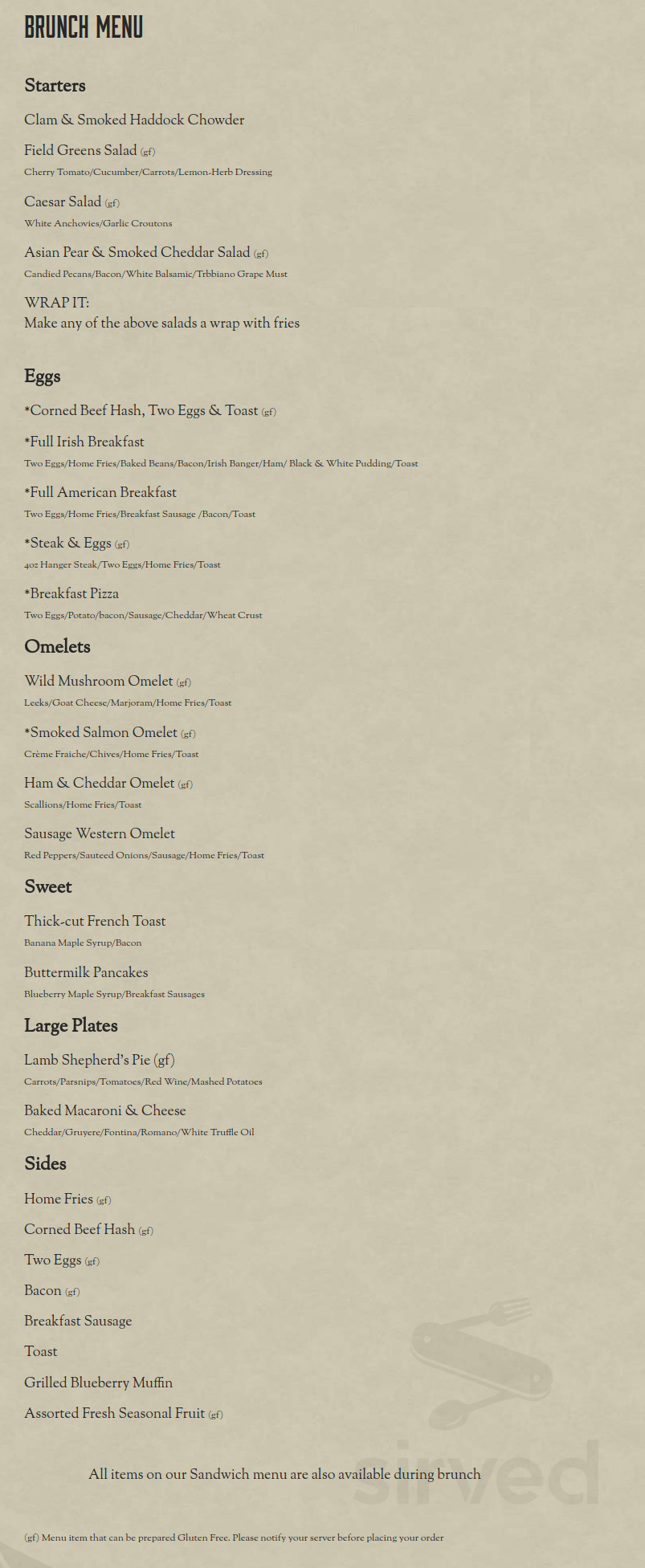 Stone's Public House menu in Ashland, Massachusetts, USA