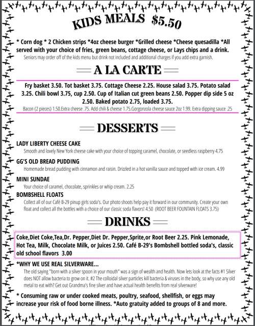 Cafe B-29 menu in Ozark, Missouri, USA