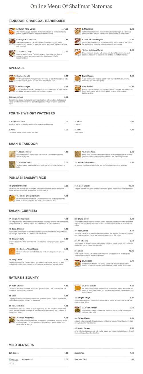 Shalimar Restaurant menu in Sacramento, California, USA