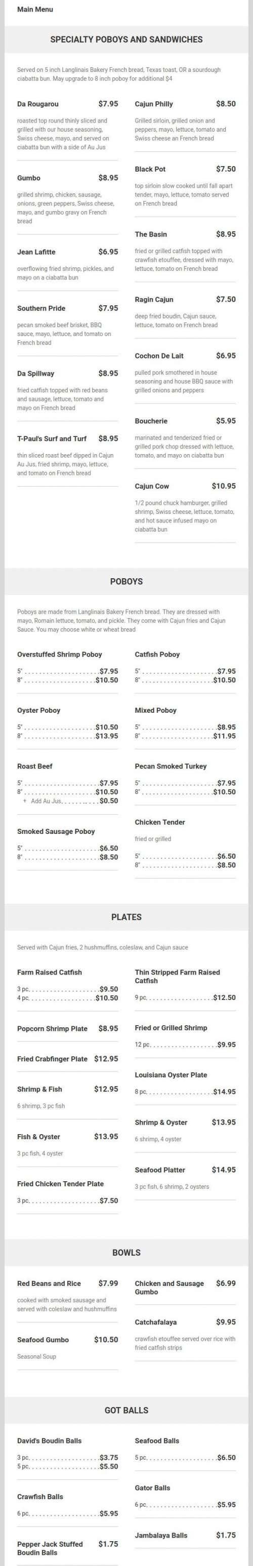 Cajun Catch menu in Zachary, Louisiana, USA