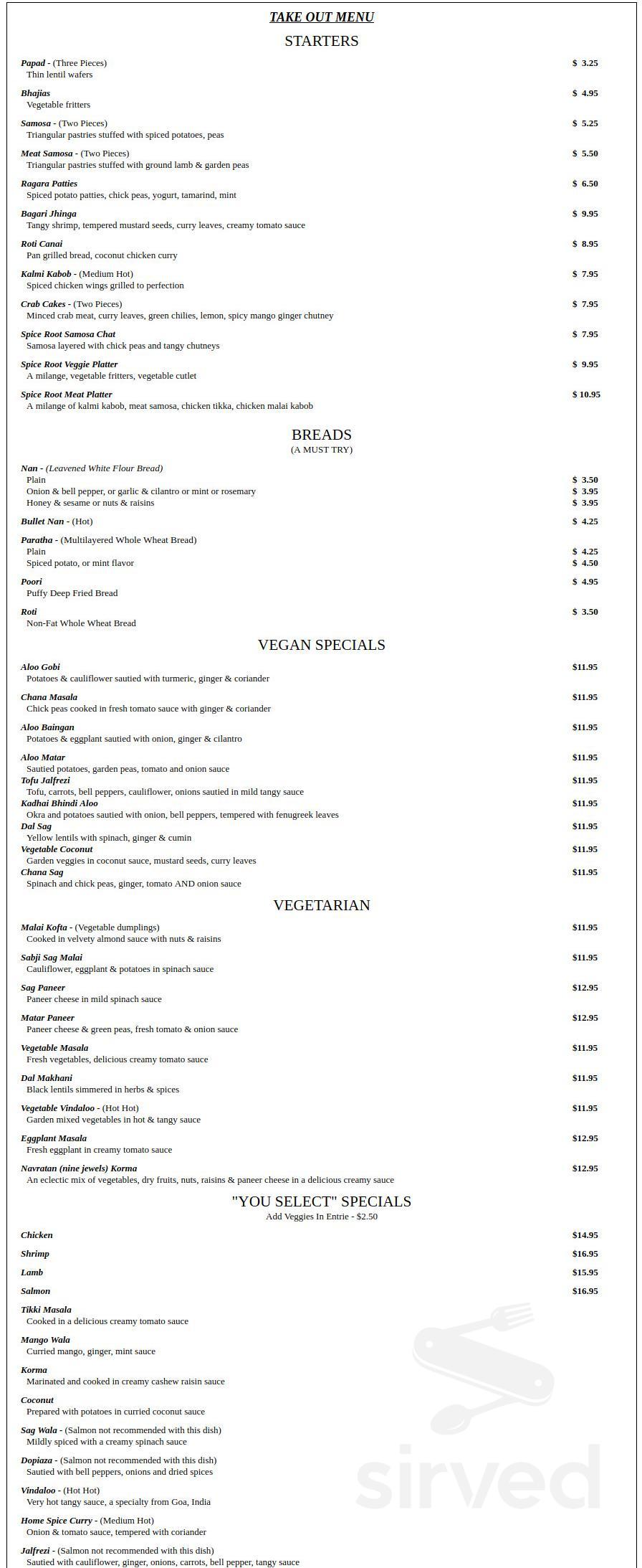 Menu - Williamstown MA's Spice Root | Sirved
