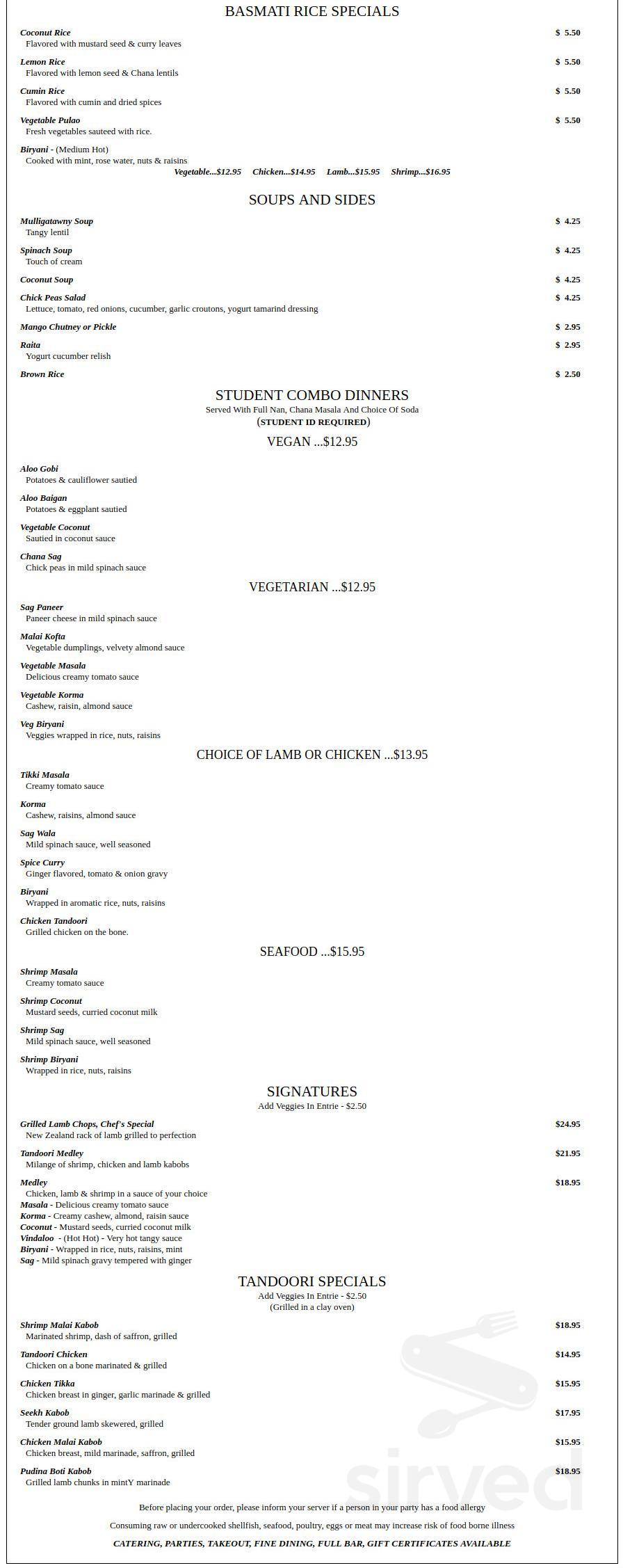 Menu - Williamstown MA's Spice Root | Sirved