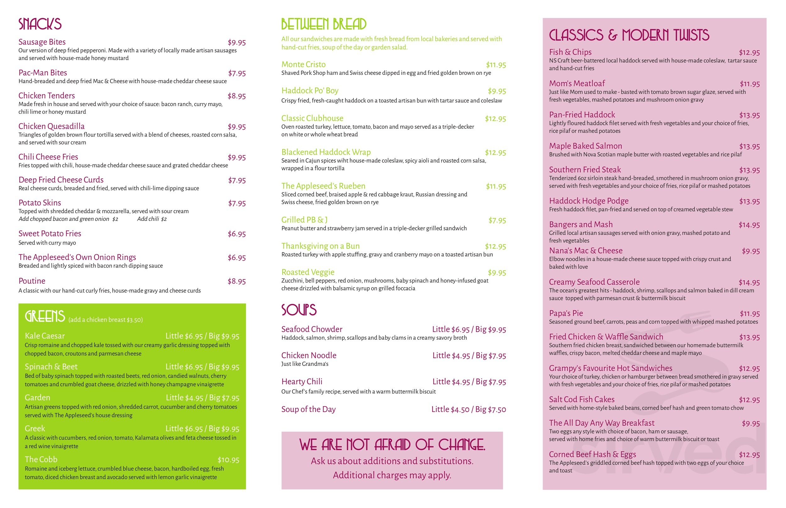The Appleseed Modern Diner menu in New Glasgow, Nova Scotia, Canada