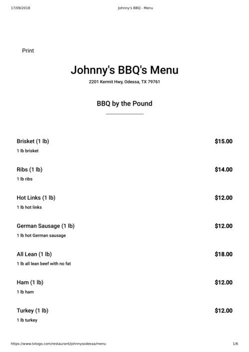 Johnny's Barbecue menu in Odessa, Texas, USA