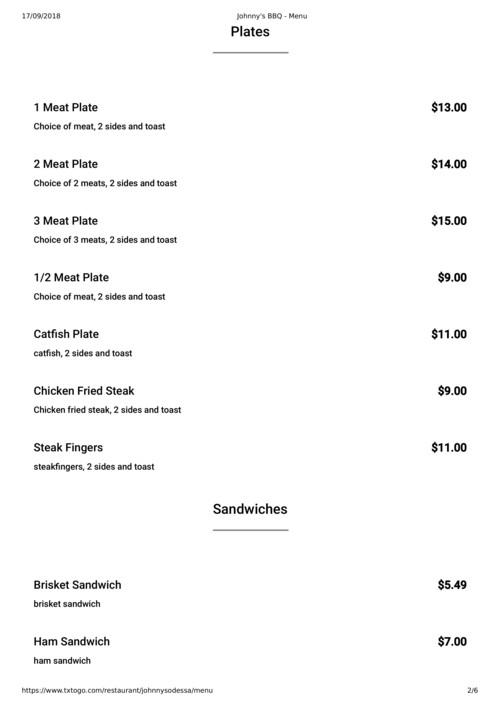 Johnny's Barbecue menu in Odessa, Texas, USA