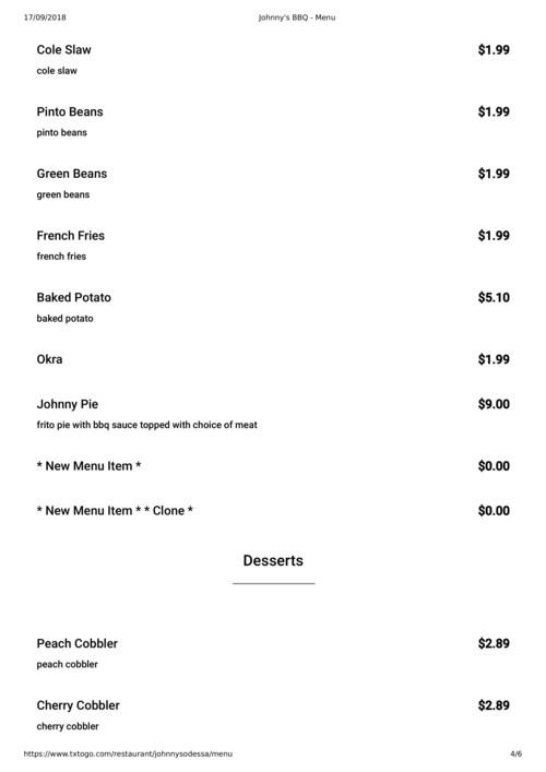 Johnny's Barbecue menu in Odessa, Texas, USA