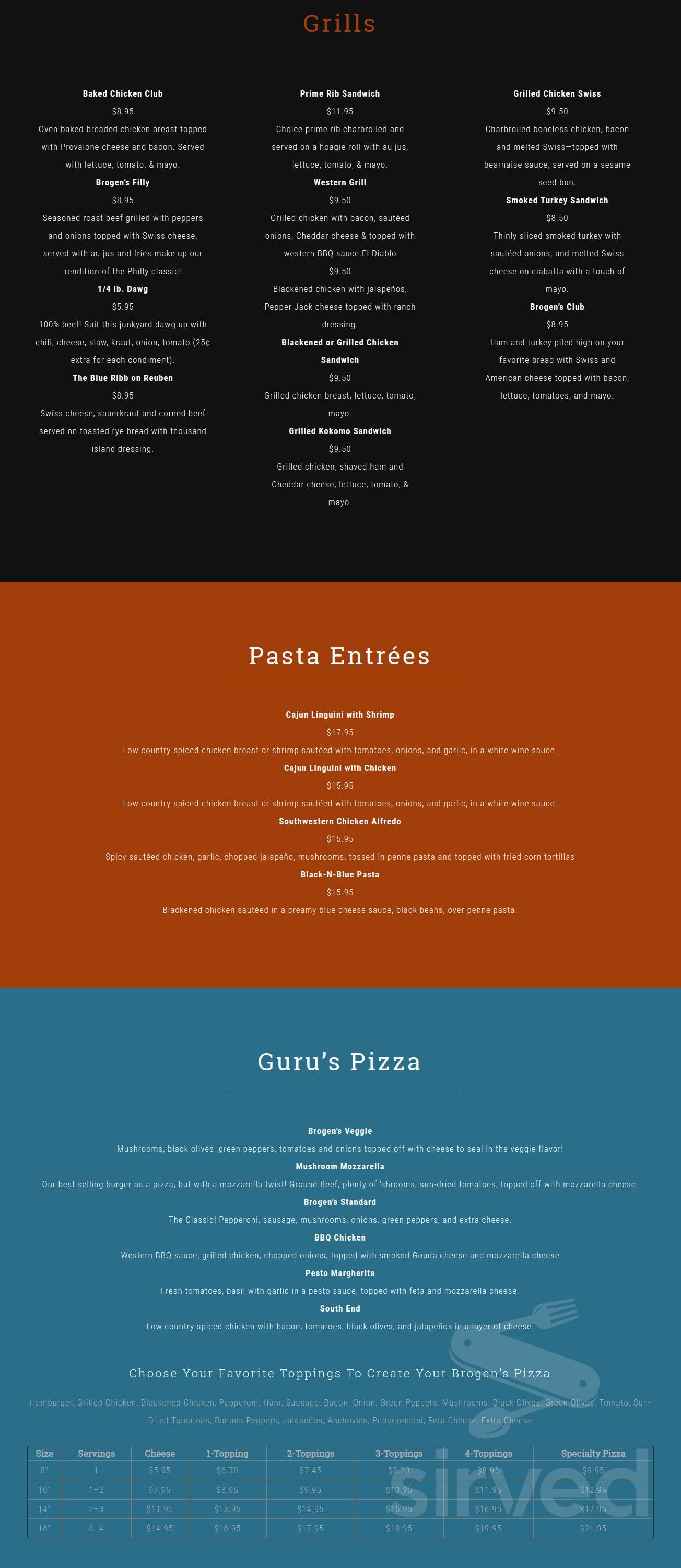 Menu for Brogen's North - St Simons Island, GA | Sirved
