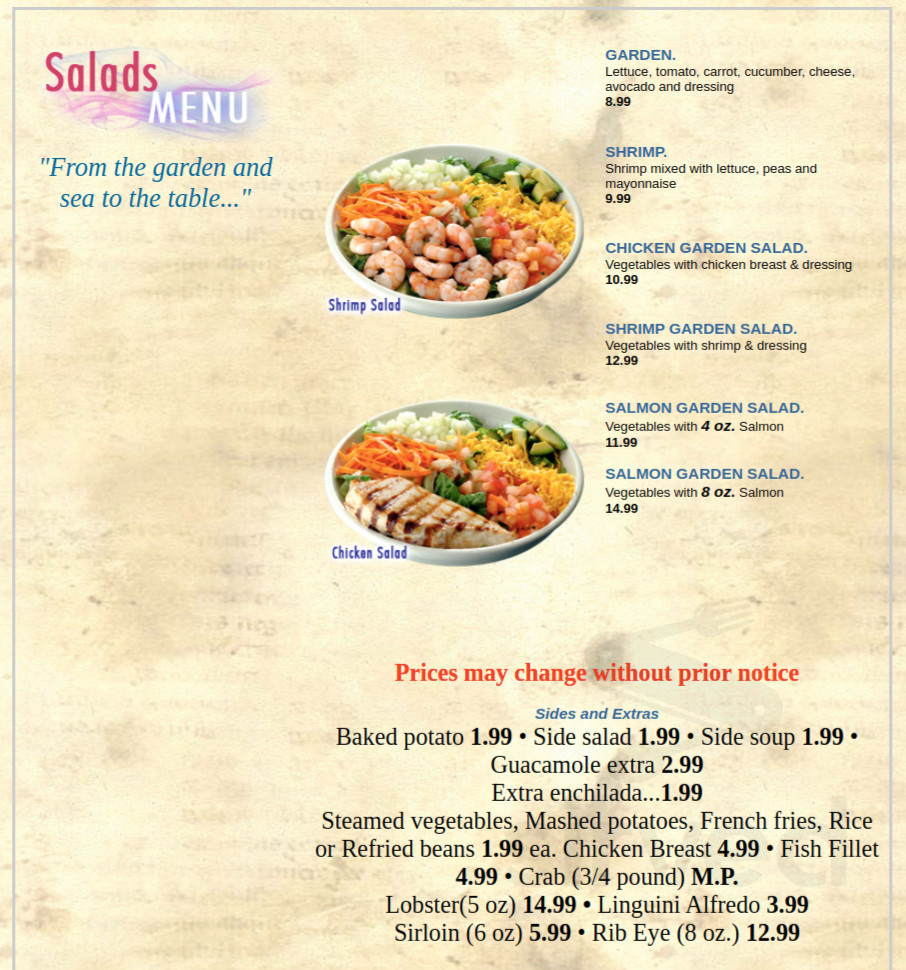 Villa Del Mar menu in El Paso, Texas, USA