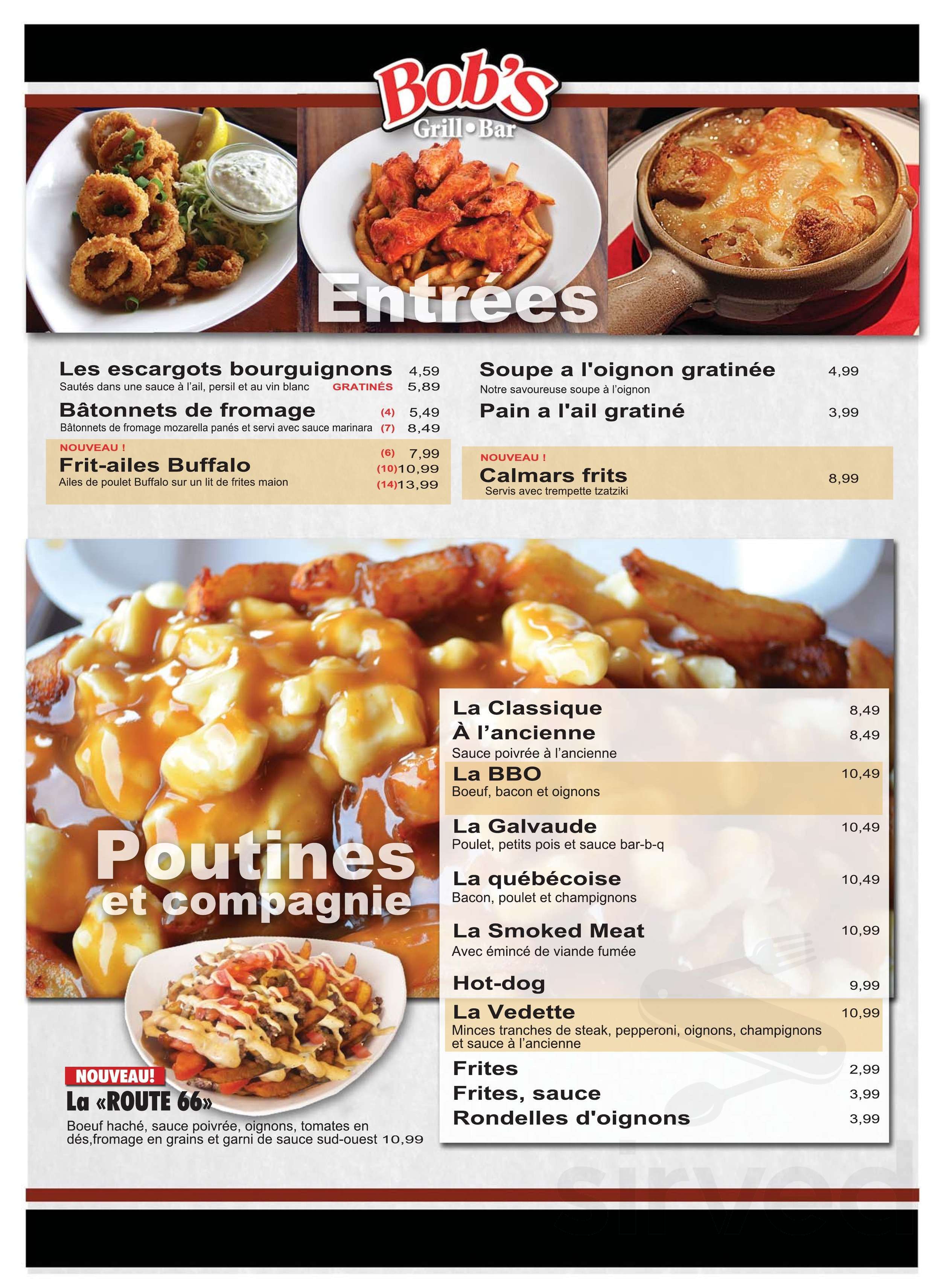 Menu - Laval QC's Restaurant Bob's Grill Bar | Sirved