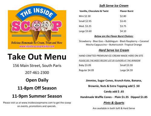 The Inside Scoop menu in South Paris, Maine, USA