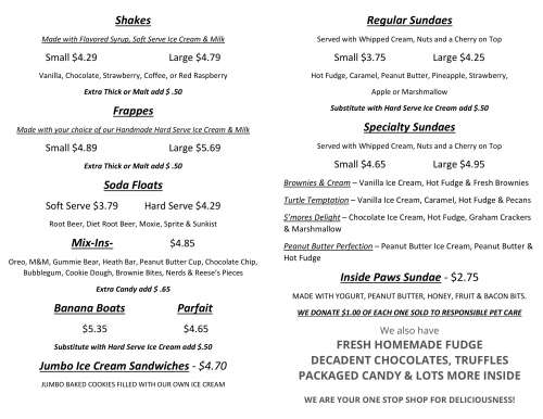 The Inside Scoop menu in South Paris, Maine, USA