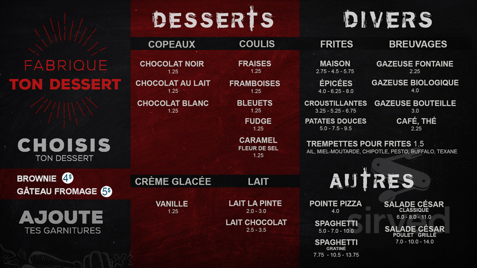 Menu - Magog QC's Restaurant La Fabrique | Sirved