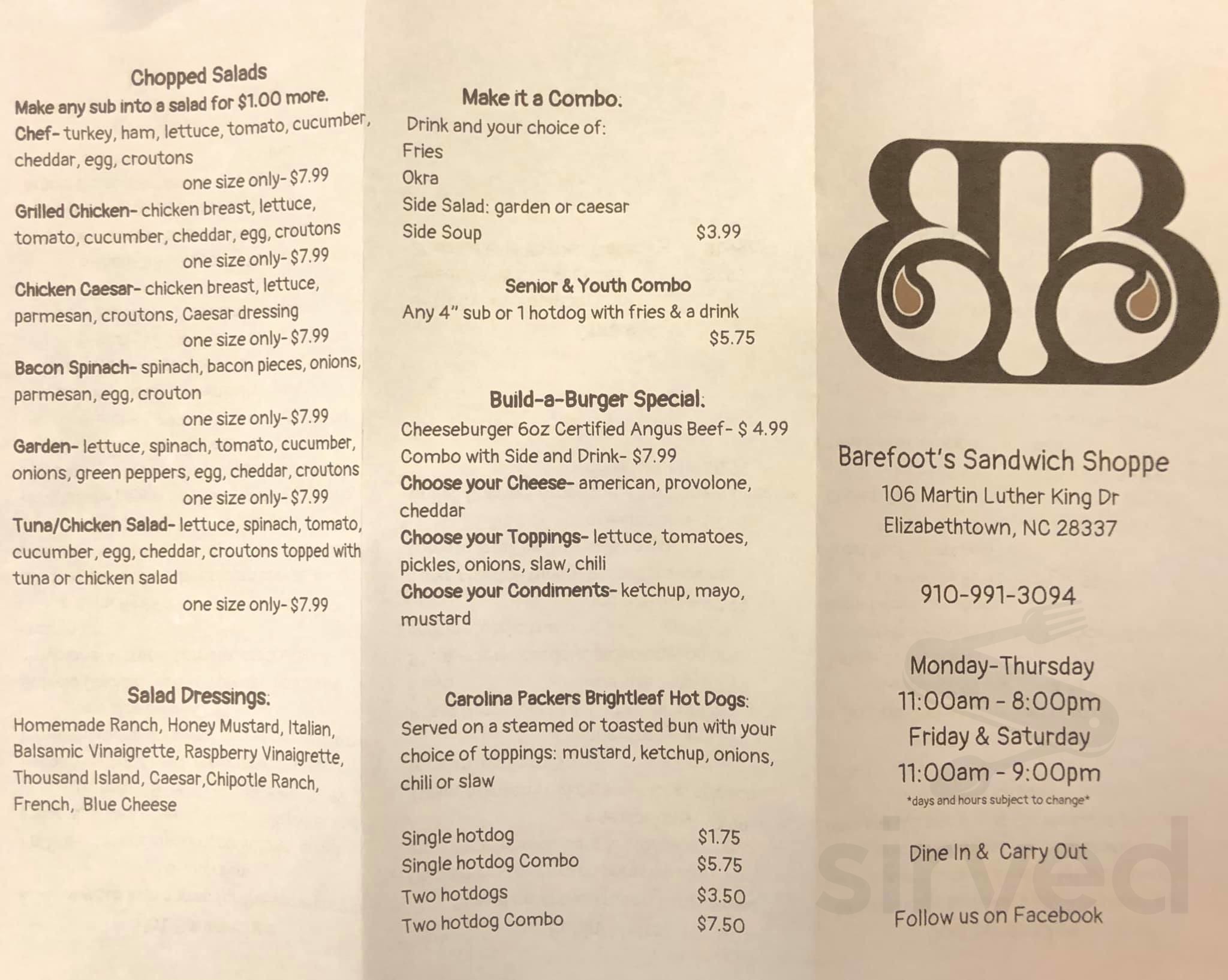 Barefoot's Sandwich Shoppe menu in Elizabethtown, North Carolina, USA