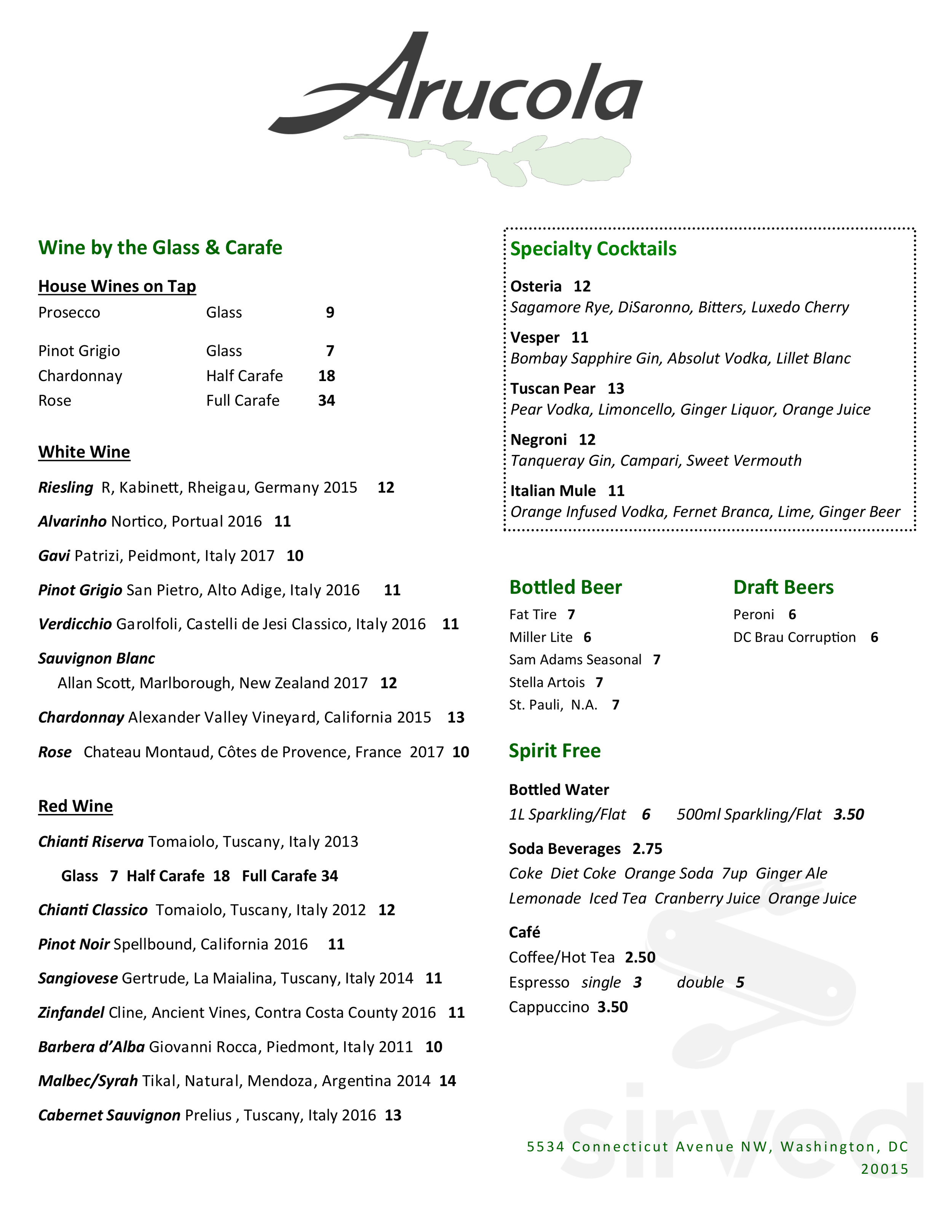 Arucola menu in Washington, Washington D.C, USA