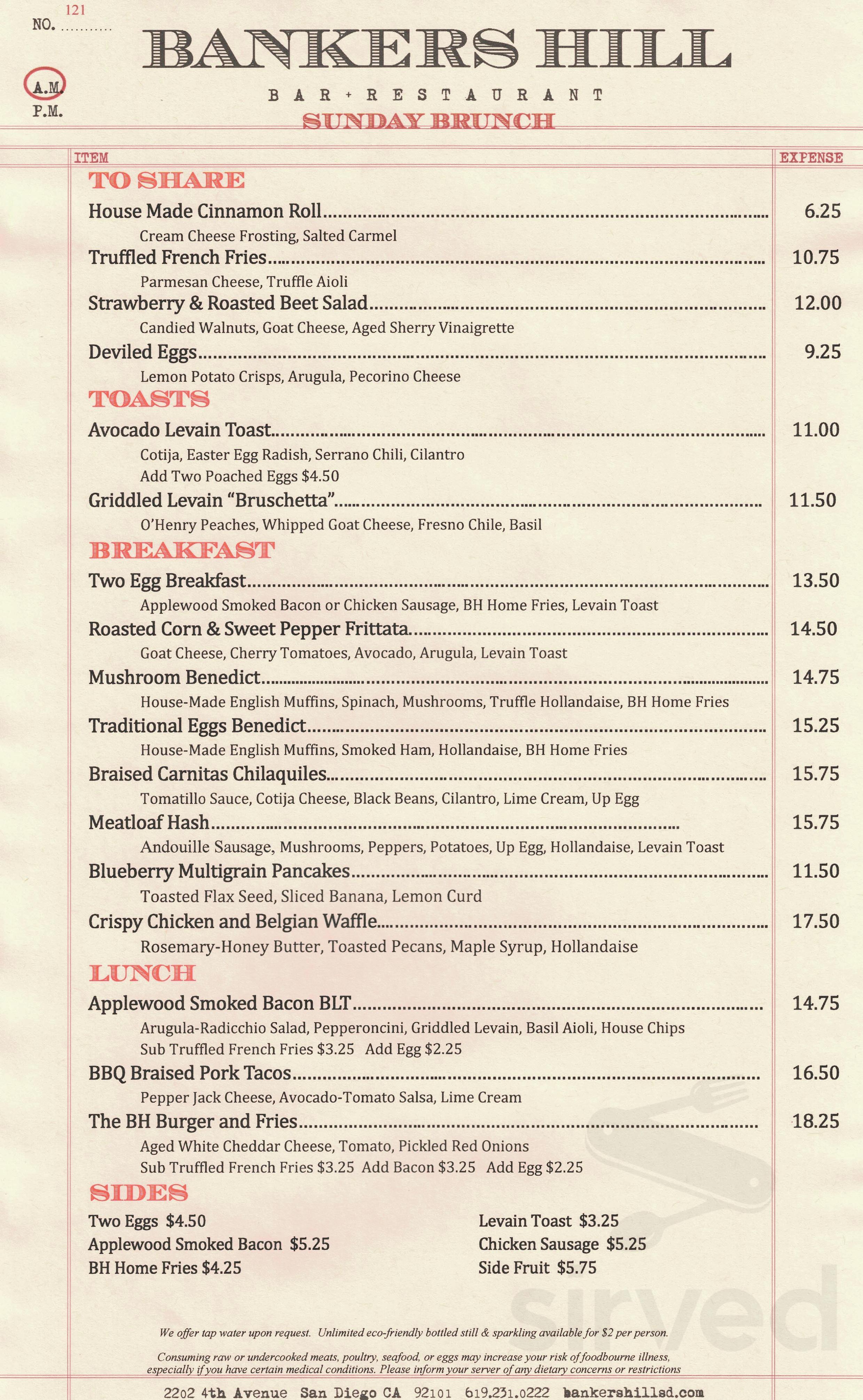 Bankers Hill menu in San Diego, California, USA
