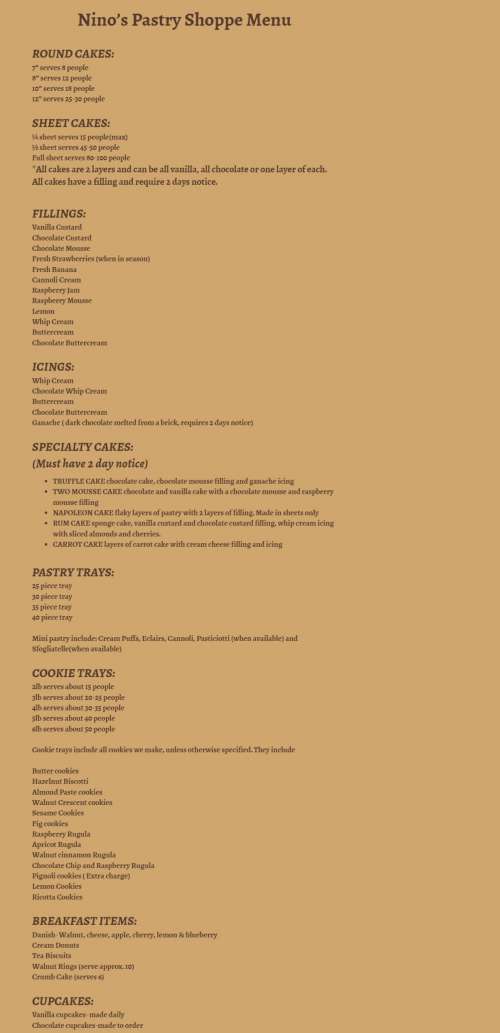 Ninos Pastry Shoppe menu in Trenton, New Jersey, USA
