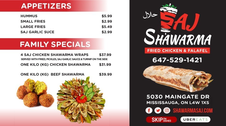 Menu for Shawarma SAJ in Mississauga, ON | Sirved