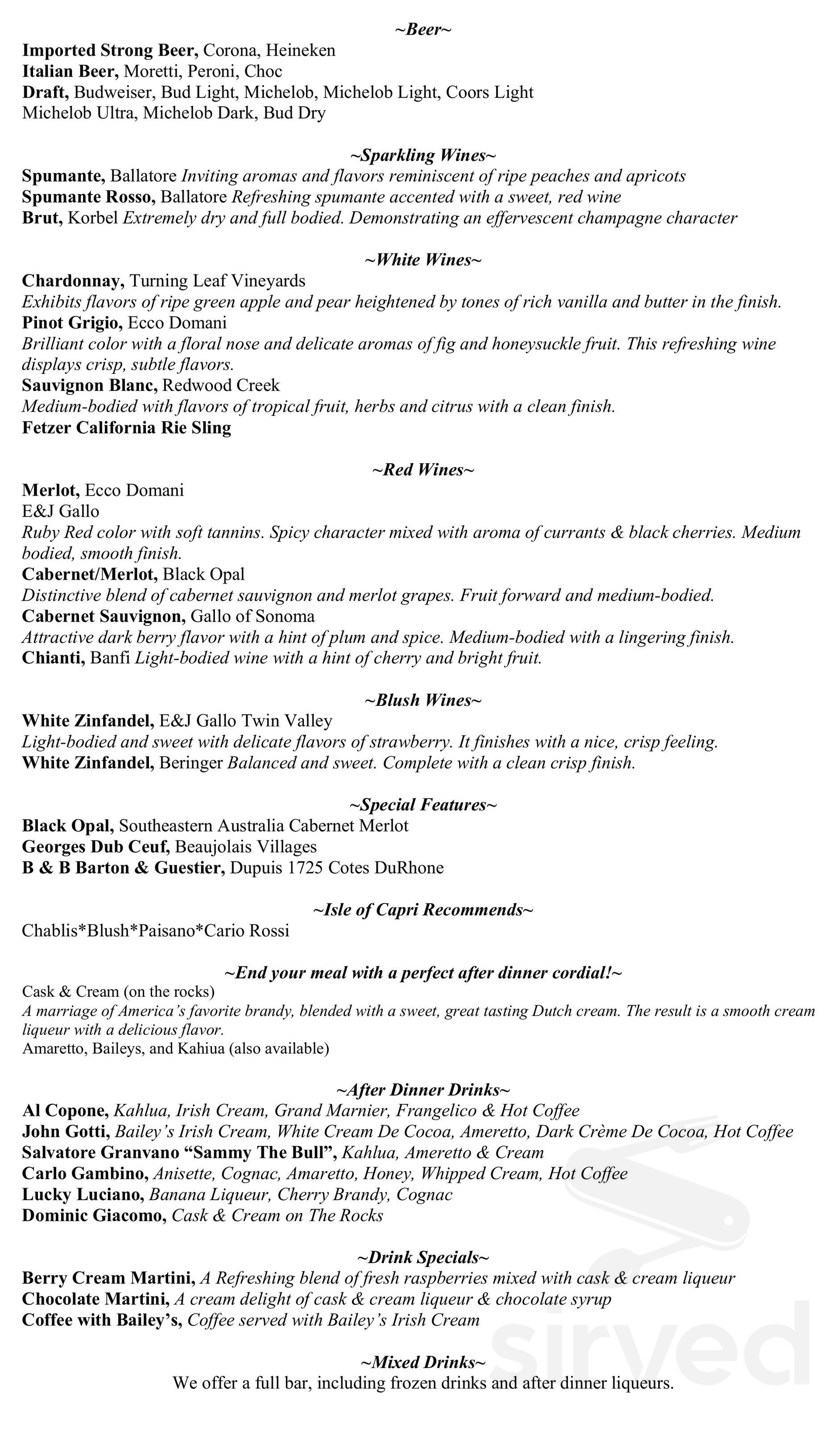 Isle of Capri menu in Krebs, Oklahoma, USA