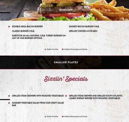 Sizzler menu in El Cajon, California, USA