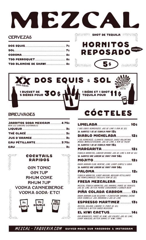 Mezcal Taqueria menu in Trois-Rivières, Quebec, Canada