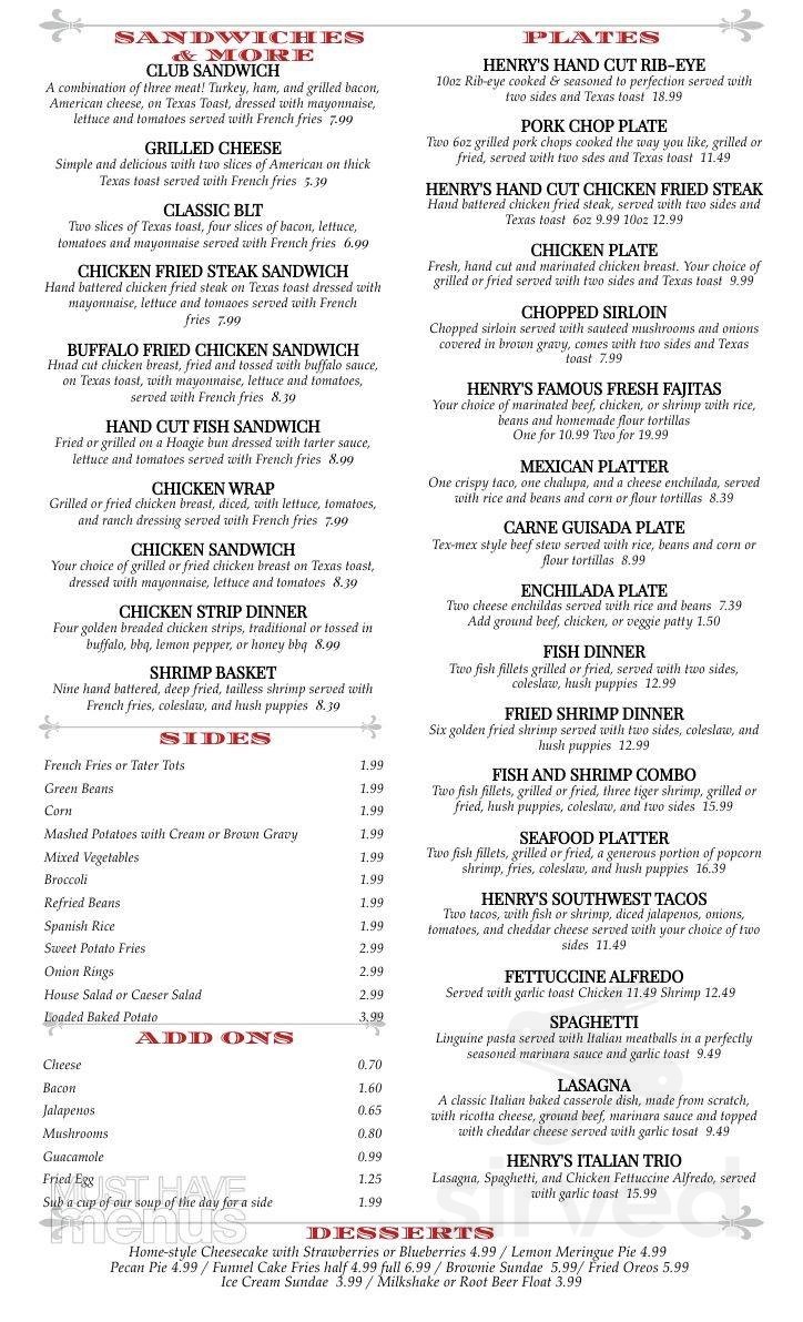 Menu for Henry's Restaurant in Lockhart, TX | Sirved