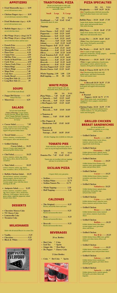 Salerno's Ristorante & Pizzeria menu in Philadelphia, Pennsylvania, USA