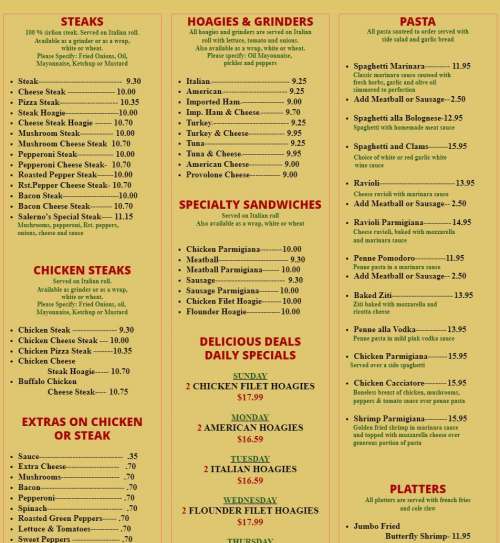 Salerno's Ristorante & Pizzeria menu in Philadelphia, Pennsylvania, USA