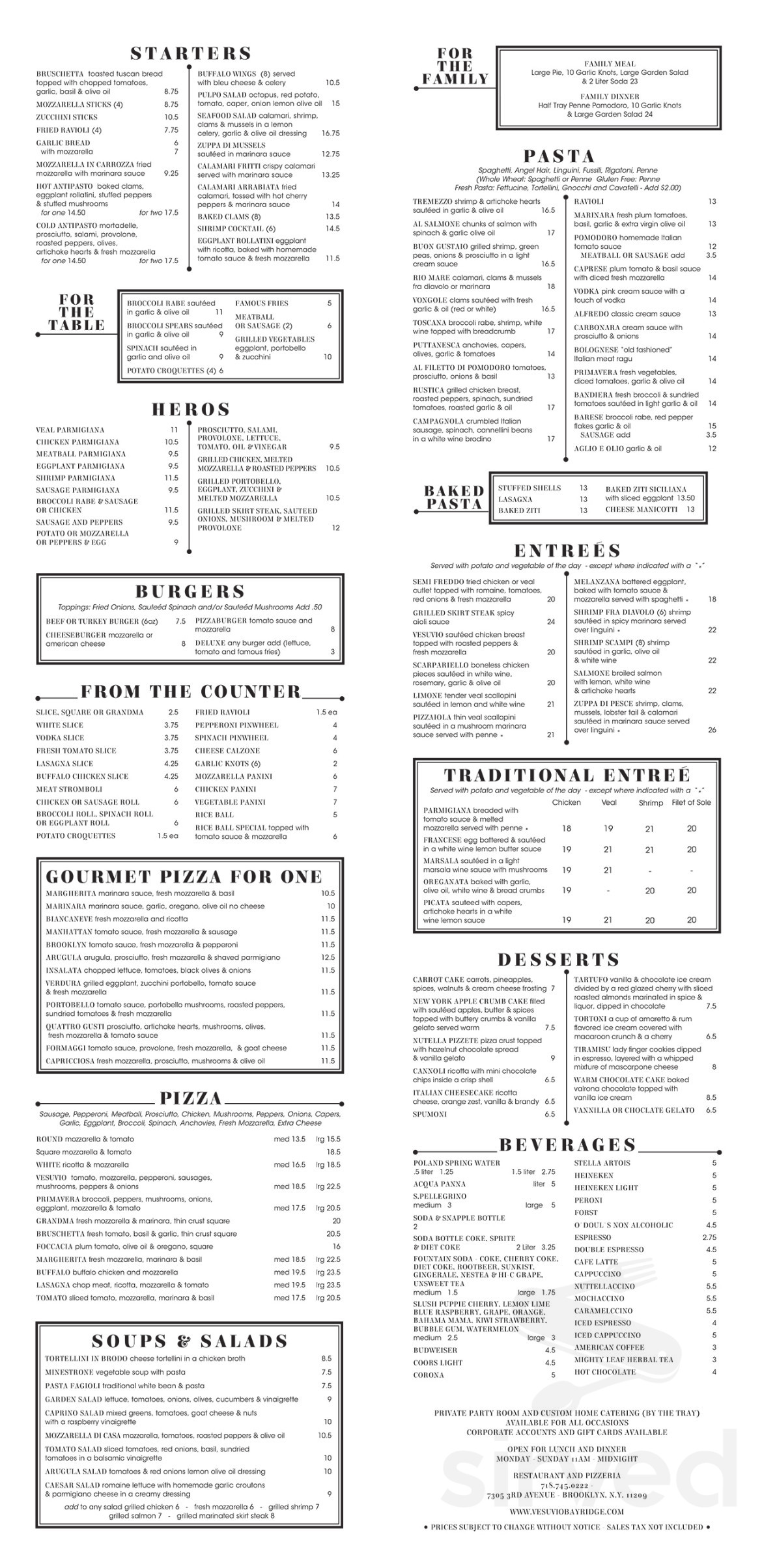 Vesuvio Restaurant & Pizzeria menu in Brooklyn, New York, USA