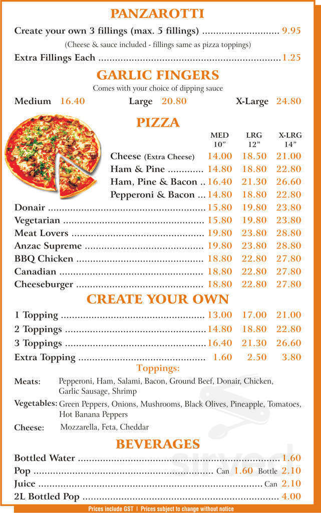 Menu - Anzac AB's Anzac Pizza & Fast Food | Sirved