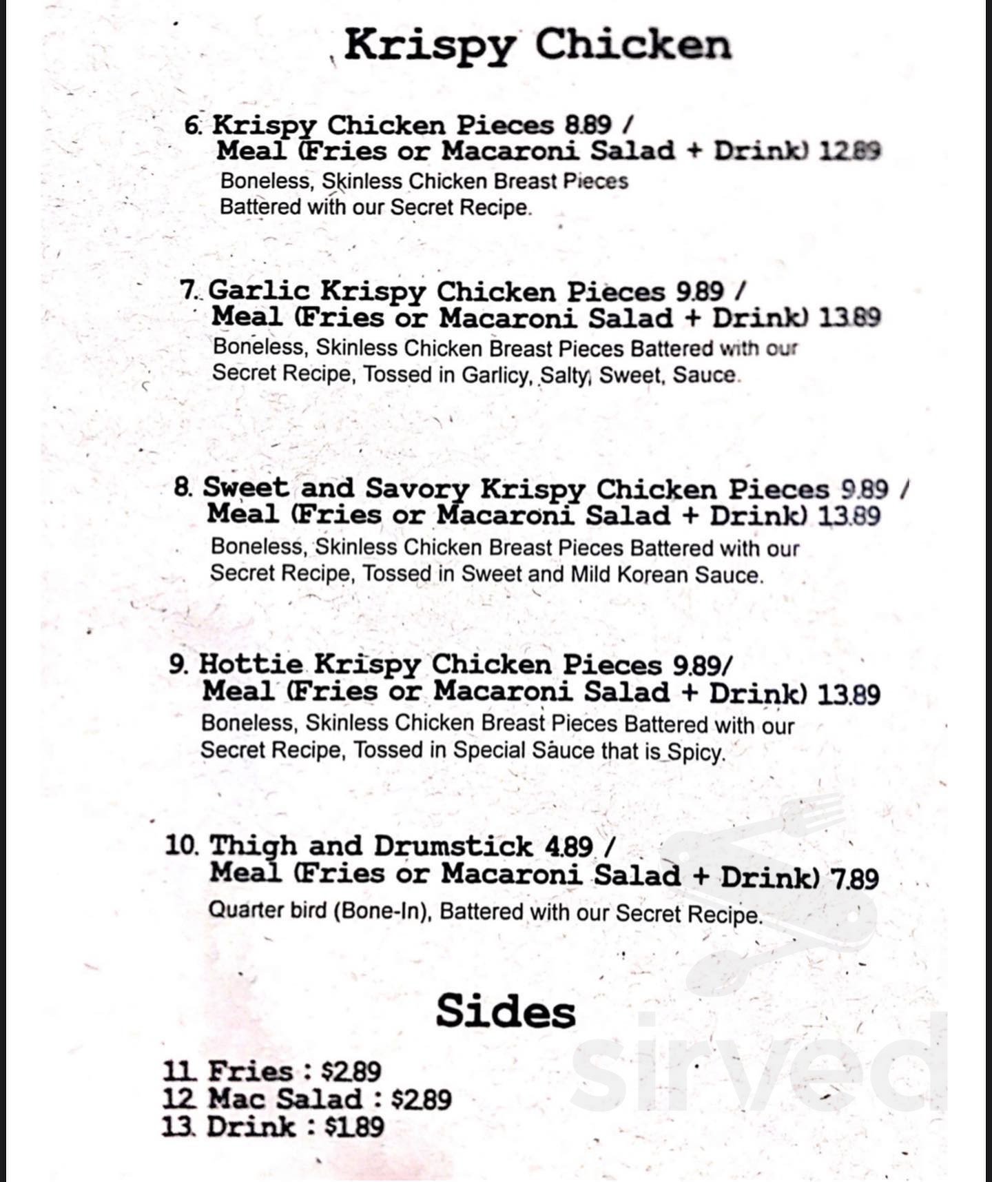 Kluck's Krispy Chicken menu in Orem, Utah, USA