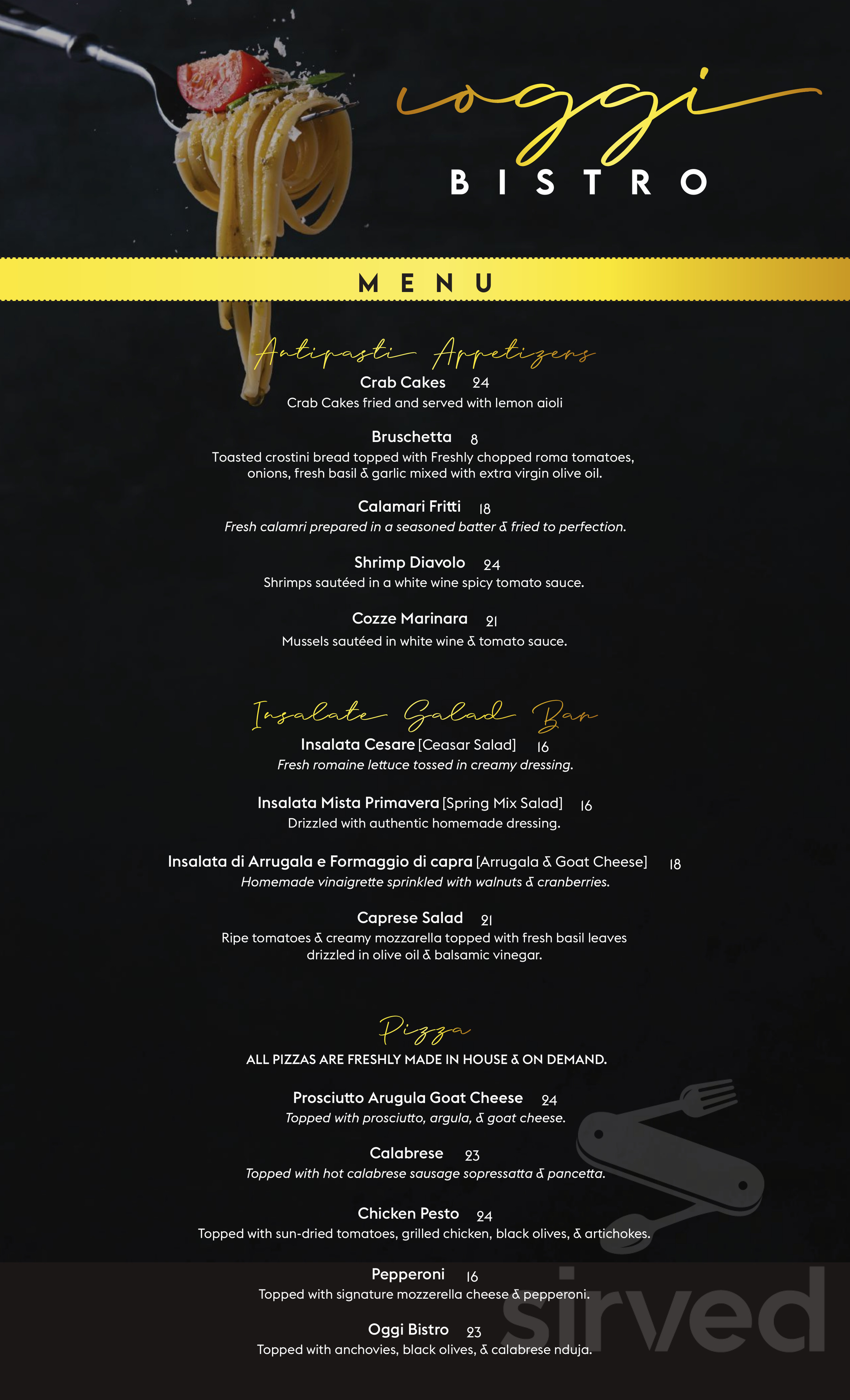 Menu for Oggi Bistro in Grimsby, ON | Sirved