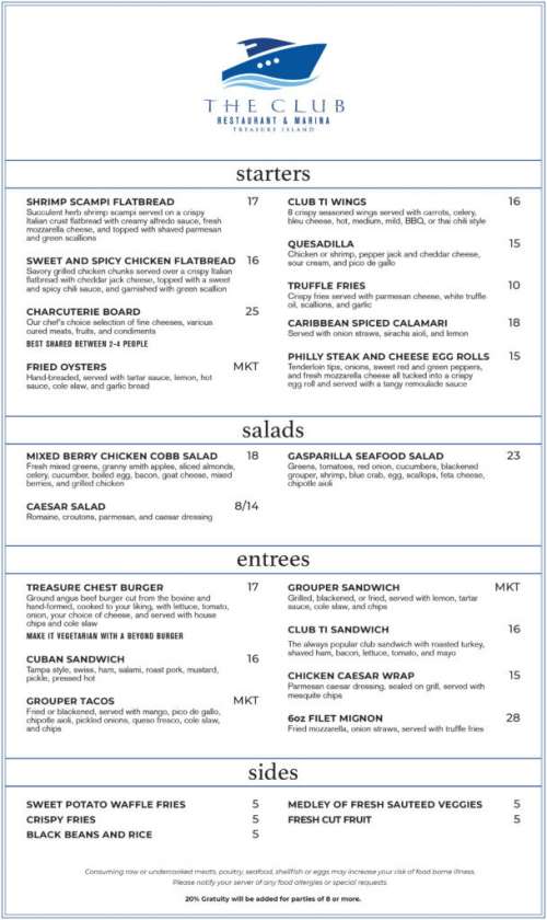 The Club at Treasure Island Waterside Dining menu in Treasure Island ...