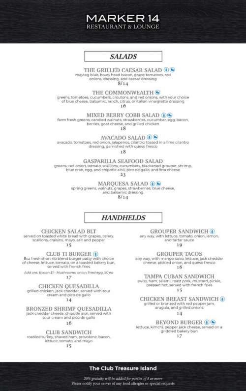 The Club at Treasure Island Waterside Dining menu in Treasure Island ...