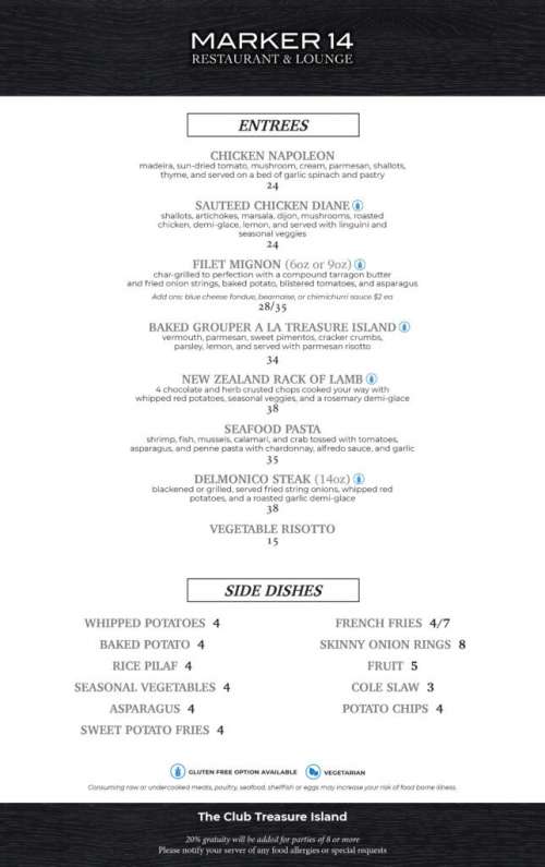 The Club at Treasure Island Waterside Dining menu in Treasure Island ...