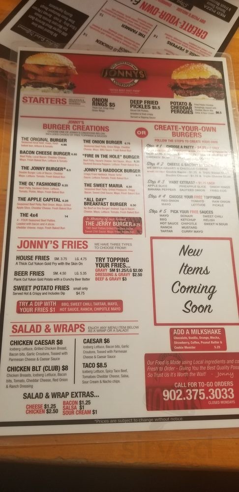 Jonny's Cookhouse and Ice Cream Shop menus in Berwick, Nova Scotia, Canada