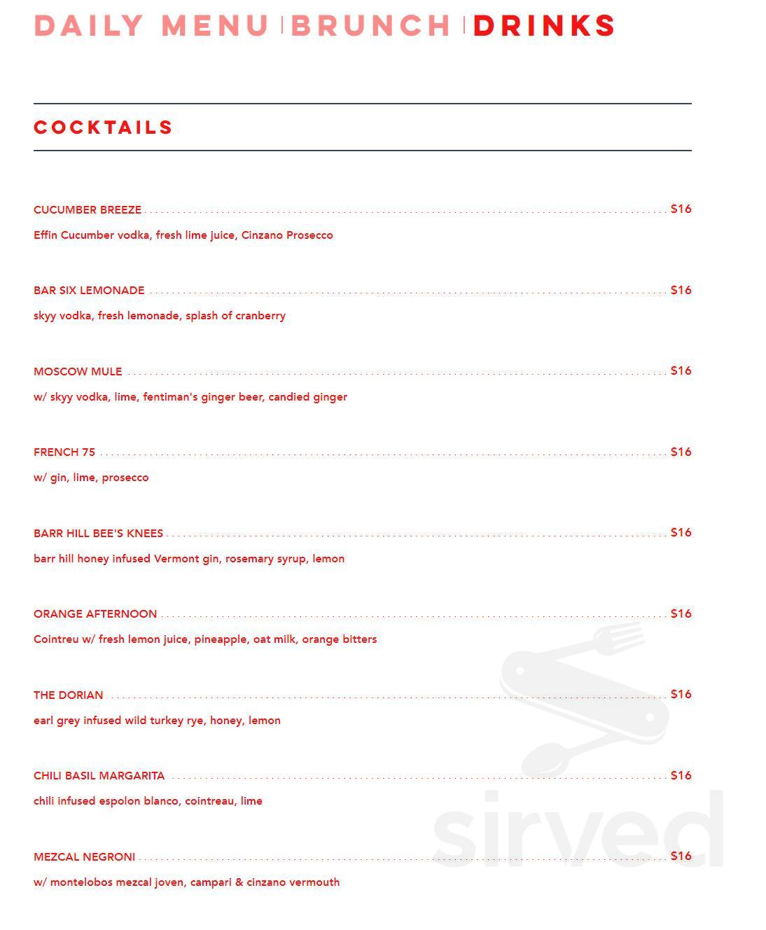 Bar Six menu in New York, New York, USA