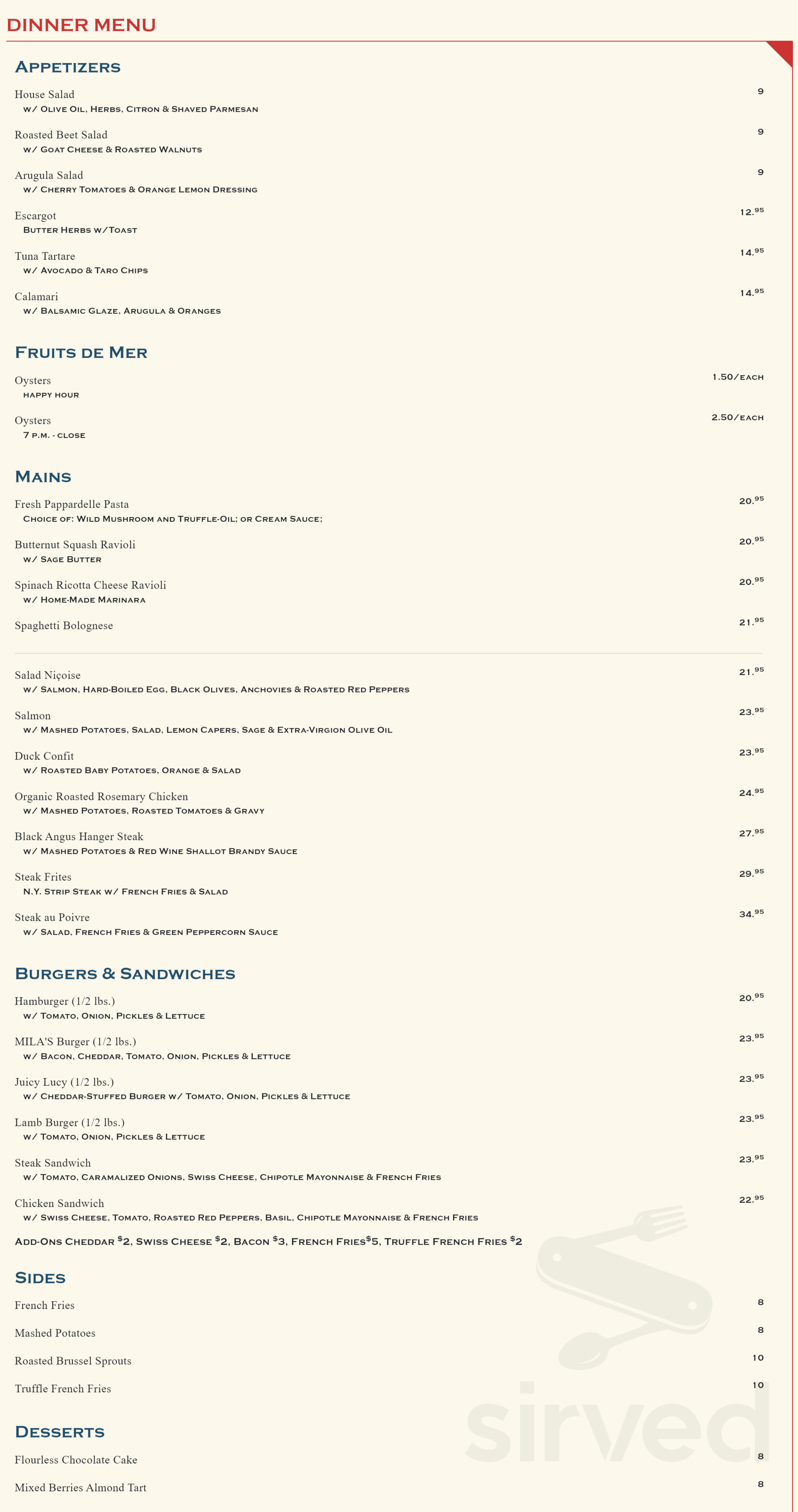 Mila's Bistro menu in New York, New York, USA