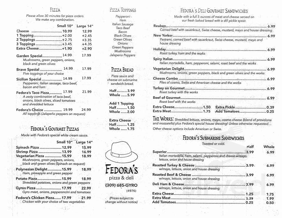 Fedora's Pizza & Gyro's menu in Peoria, Illinois, USA