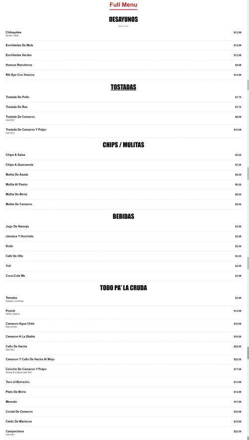 Todo Pa' La Cruda menu in San Diego, California, USA