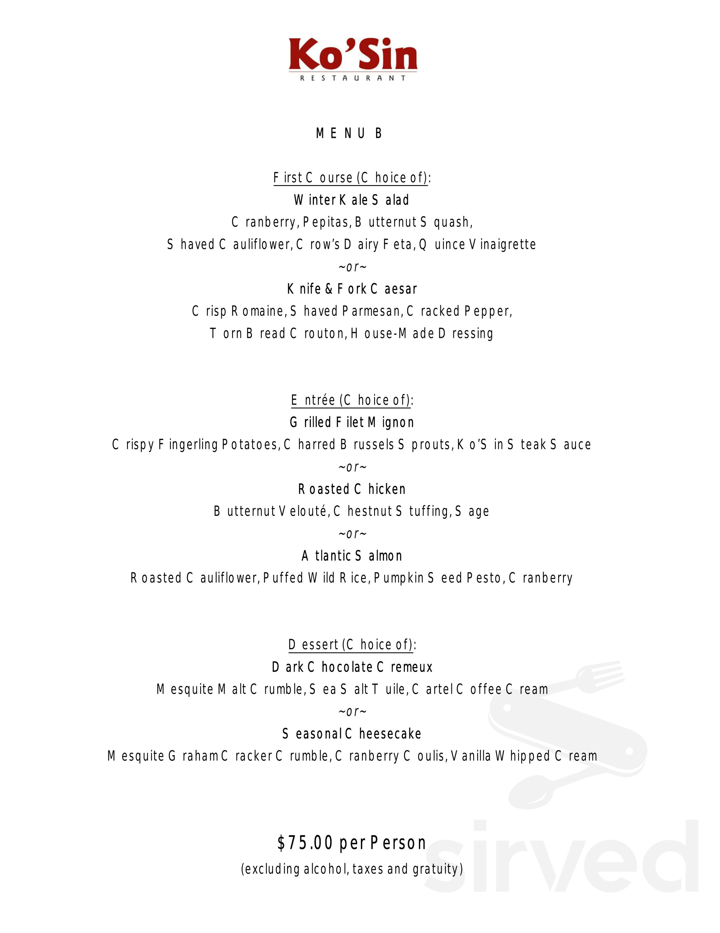 Ko'sin menus in Phoenix, Arizona, United States