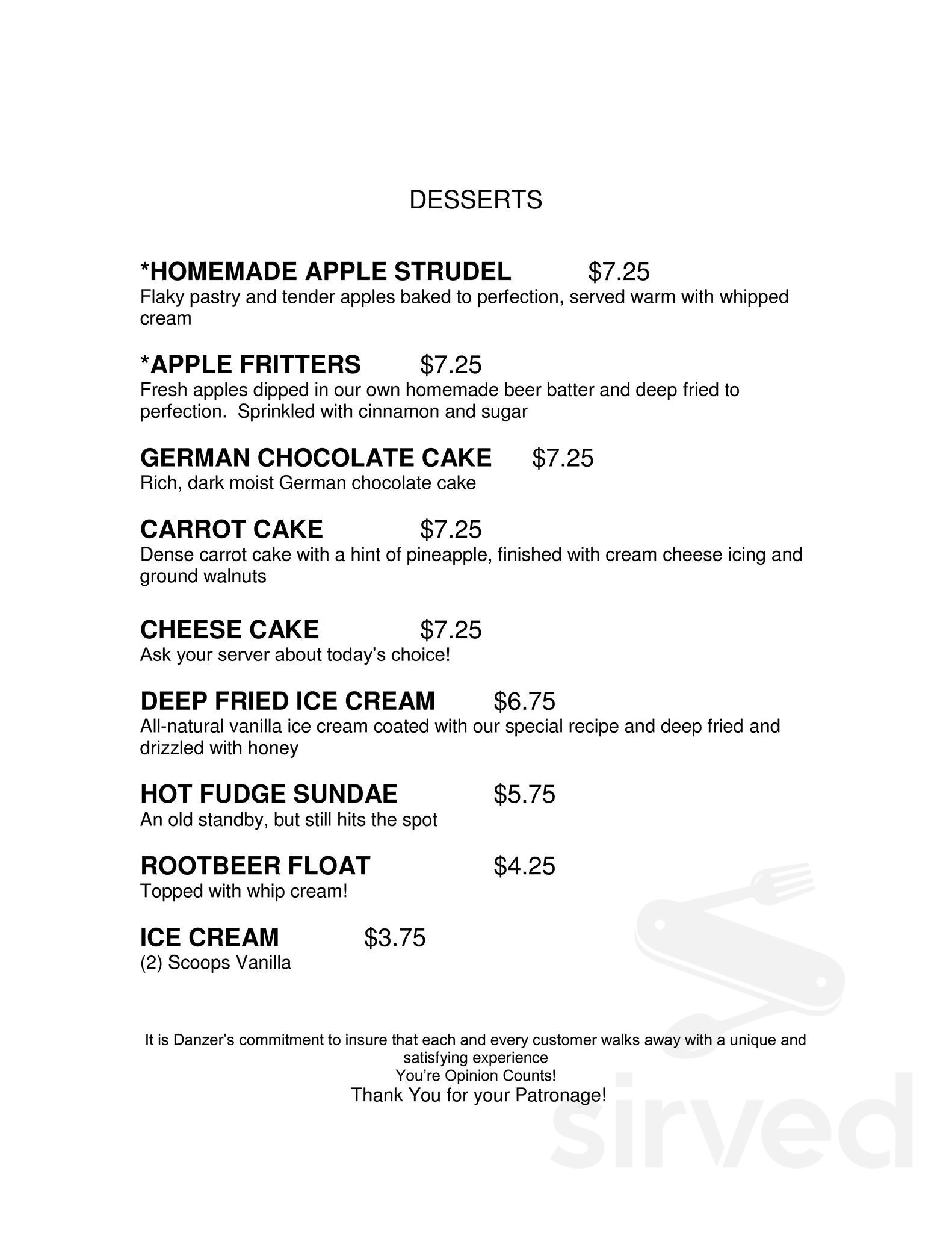 Menu for Danzer's German & American Gasthof in Syracuse, NY | Sirved