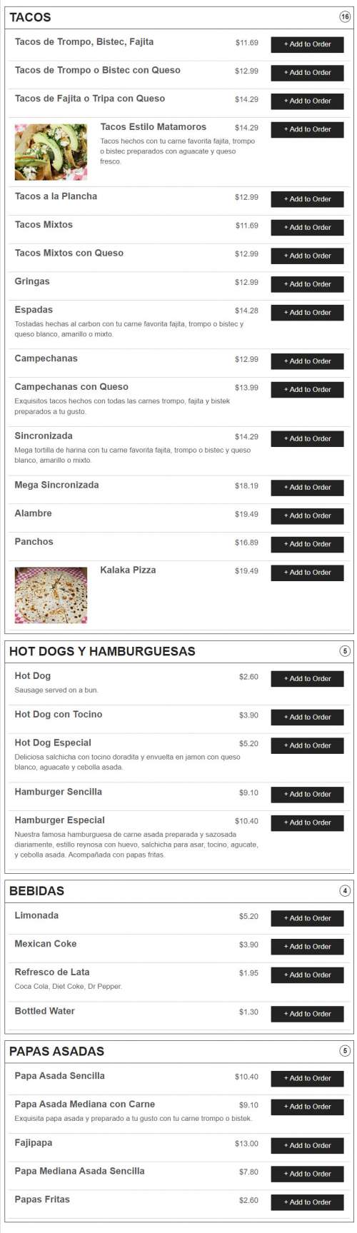 Tacos La Kalaka menu in Pharr, Texas, USA