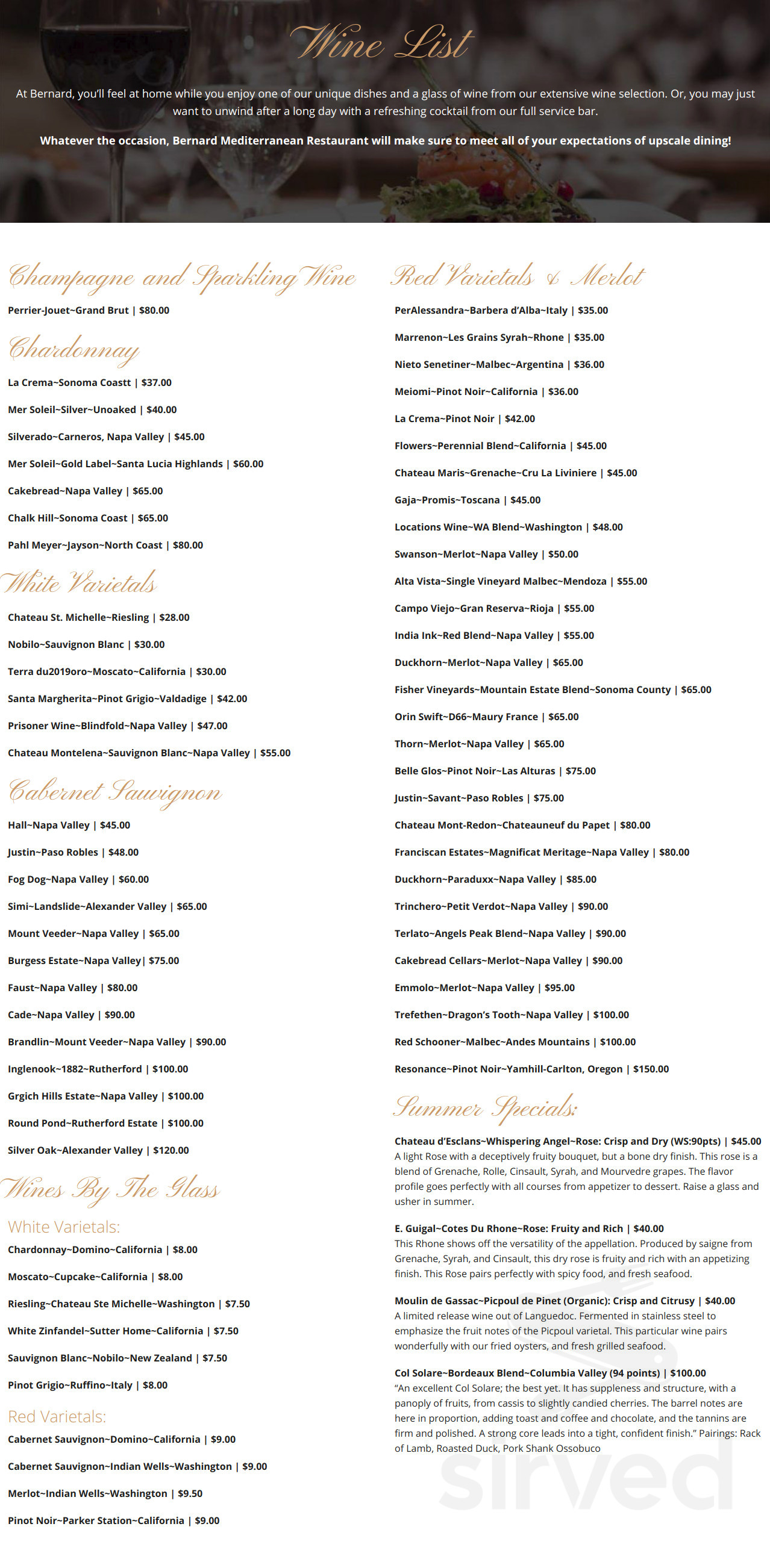 Bernard's Mediterranean Restaurant menu in Tyler, Texas, USA